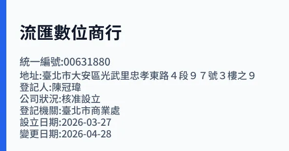 流匯數位商行的照片-統編 00631880(臺北市) 公司登記資料與營業項目詳細圖表