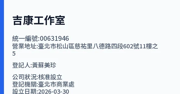 吉康工作室的照片-統編 00631946(臺北市) 公司登記資料與營業項目詳細圖表