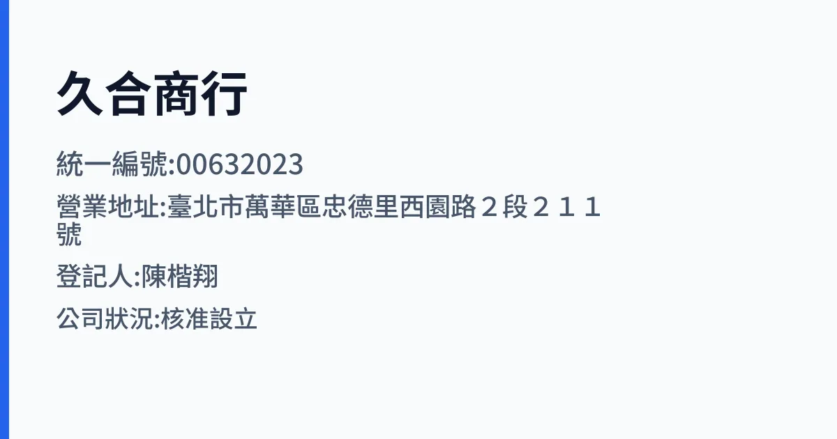 久合商行 - 統編 00632023(臺北市) 公司登記資料與營業項目詳細圖表