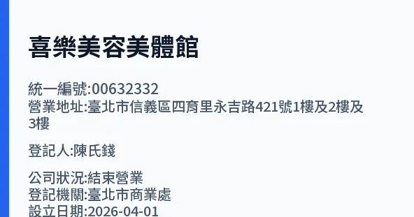 喜樂美容美體館的照片-統編 00632332 公司登記資料與營業項目詳細圖表