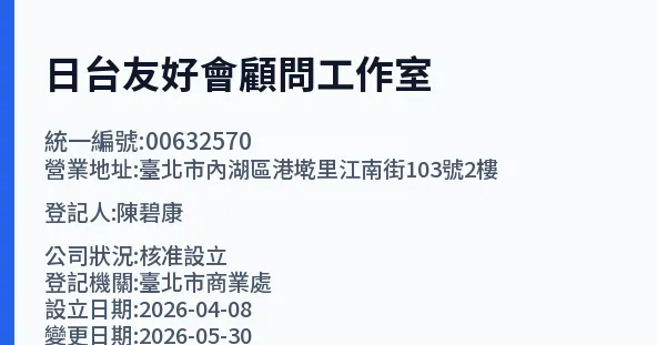 日台友好會顧問工作室的照片-統編 00632570(臺北市) 公司登記資料與營業項目詳細圖表