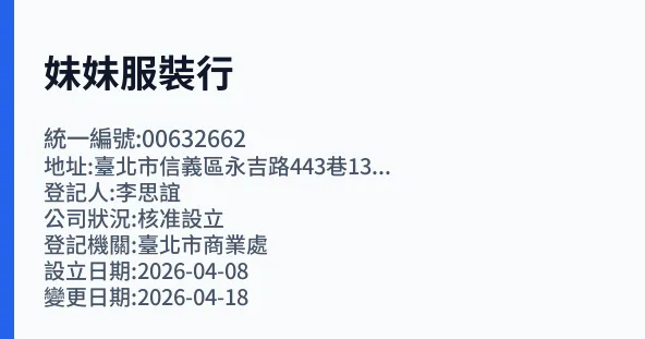 妹妹服裝行的照片-統編 00632662(臺北市) 公司登記資料與營業項目詳細圖表