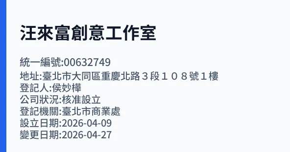 汪來富創意工作室的照片-統編 00632749(臺北市) 公司登記資料與營業項目詳細圖表