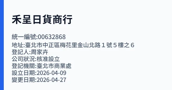 禾呈日貨商行的照片-統編 00632868(臺北市) 公司登記資料與營業項目詳細圖表