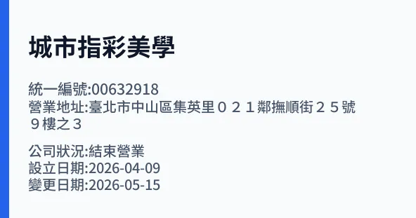 城市指彩美學的照片-統編 00632918(臺北市) 公司登記資料與營業項目詳細圖表