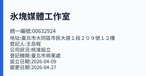 氷塊媒體工作室的照片-統編 00632924(臺北市) 公司登記資料與營業項目詳細圖表