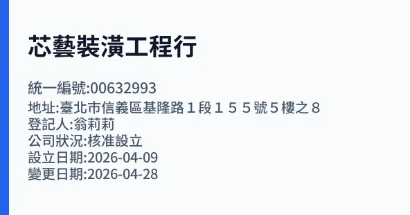 芯藝裝潢工程行的照片-統編 00632993(臺北市) 公司登記資料與營業項目詳細圖表