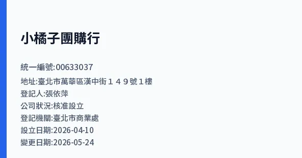 小橘子團購行的照片-統編 00633037(臺北市) 公司登記資料與營業項目詳細圖表