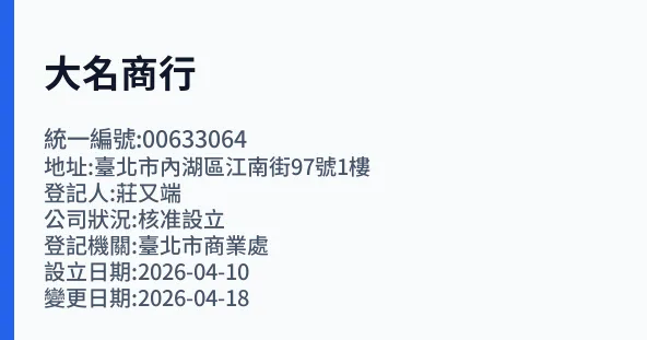 大名商行的照片-統編 00633064(臺北市) 公司登記資料與營業項目詳細圖表
