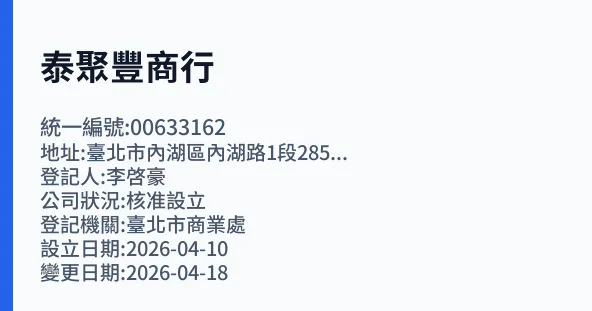 泰聚豐商行的照片-統編 00633162(臺北市) 公司登記資料與營業項目詳細圖表