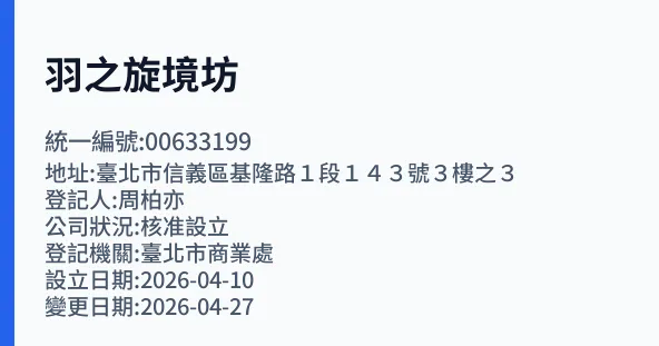 羽之旋境坊的照片-統編 00633199(臺北市) 公司登記資料與營業項目詳細圖表