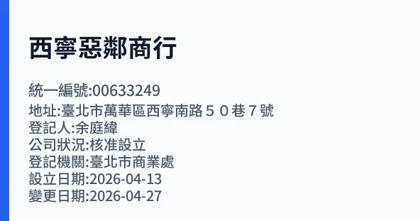 西寧惡鄰商行的照片-統編 00633249(臺北市) 公司登記資料與營業項目詳細圖表