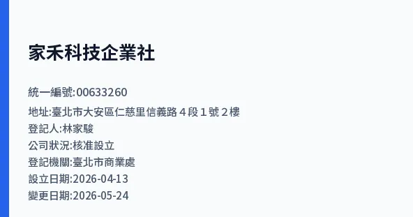 家禾科技企業社的照片-統編 00633260(臺北市) 公司登記資料與營業項目詳細圖表