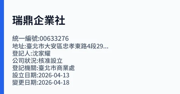 瑞鼎企業社的照片-統編 00633276(臺北市) 公司登記資料與營業項目詳細圖表