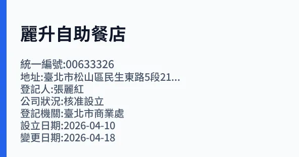 麗升自助餐店的照片-統編 00633326(臺北市) 公司登記資料與營業項目詳細圖表