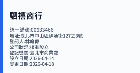 駟禧商行的照片-統編 00633466(臺北市) 公司登記資料與營業項目詳細圖表
