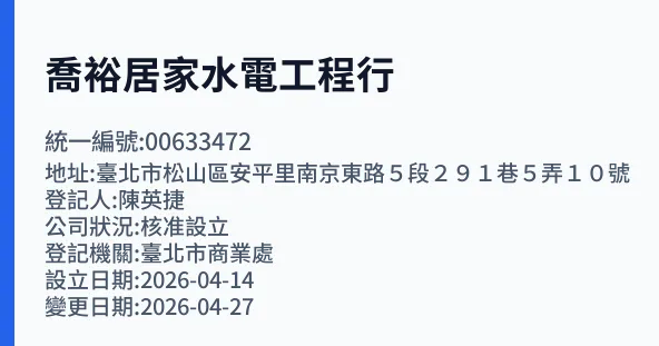 喬裕居家水電工程行的照片-統編 00633472(臺北市) 公司登記資料與營業項目詳細圖表