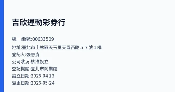 吉欣運動彩券行的照片-統編 00633509(臺北市) 公司登記資料與營業項目詳細圖表