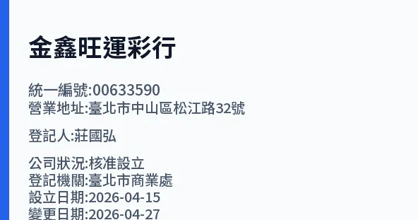 金鑫旺運彩行的照片-統編 00633590(臺北市) 公司登記資料與營業項目詳細圖表