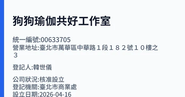 狗狗瑜伽共好工作室的照片-統編 00633705(臺北市) 公司登記資料與營業項目詳細圖表