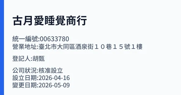 古月愛睡覺商行的照片-統編 00633780(臺北市) 公司登記資料與營業項目詳細圖表