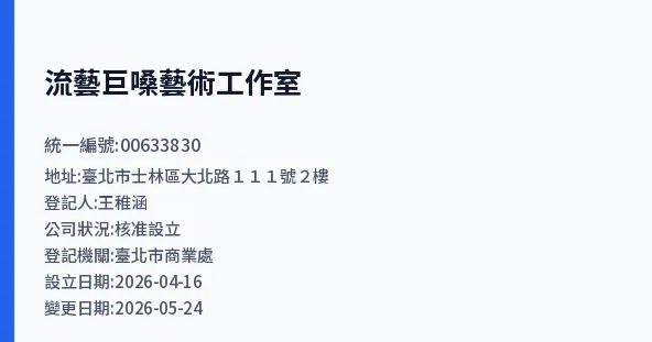 流藝巨嗓藝術工作室的照片-統編 00633830(臺北市) 公司登記資料與營業項目詳細圖表