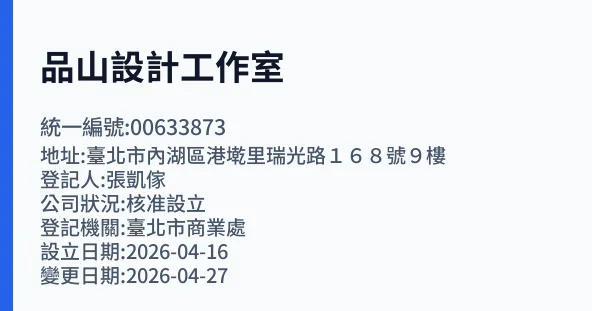 品山設計工作室的照片-統編 00633873(臺北市) 公司登記資料與營業項目詳細圖表