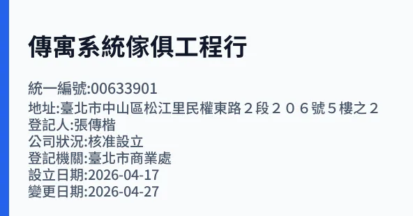 傳寓系統傢俱工程行的照片-統編 00633901(臺北市) 公司登記資料與營業項目詳細圖表