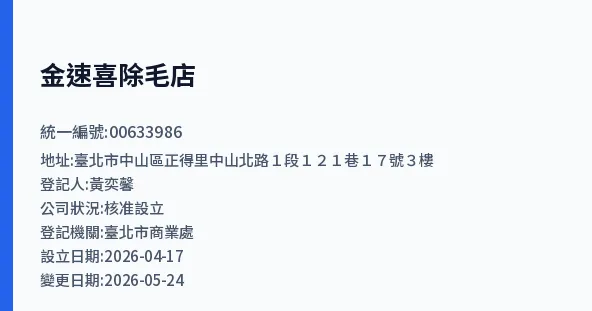金速喜除毛店的照片-統編 00633986(臺北市) 公司登記資料與營業項目詳細圖表