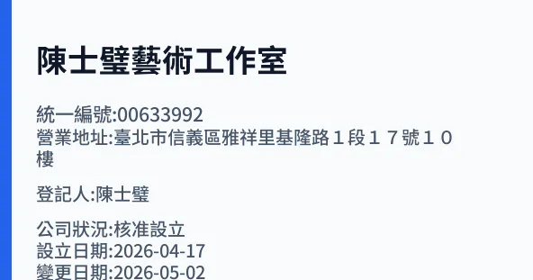陳士璧藝術工作室的照片-統編 00633992(臺北市) 公司登記資料與營業項目詳細圖表