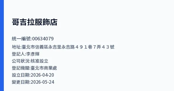 哥吉拉服飾店的照片-統編 00634079(臺北市) 公司登記資料與營業項目詳細圖表