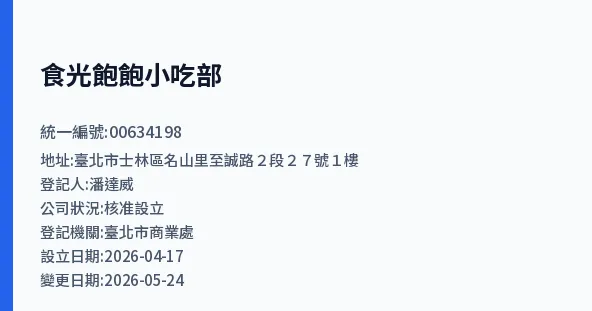 食光飽飽小吃部的照片-統編 00634198(臺北市) 公司登記資料與營業項目詳細圖表