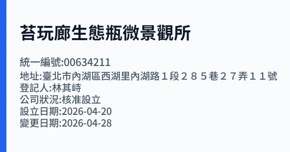 苔玩廊生態瓶微景觀所的照片-統編 00634211(臺北市) 公司登記資料與營業項目詳細圖表