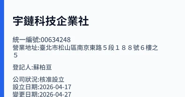 宇鏈科技企業社的照片-統編 00634248(臺北市) 公司登記資料與營業項目詳細圖表