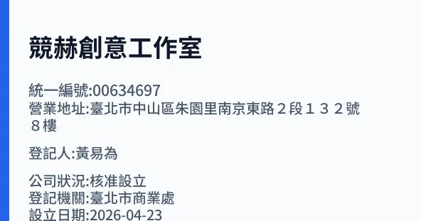 競赫創意工作室的照片-統編 00634697(臺北市) 公司登記資料與營業項目詳細圖表