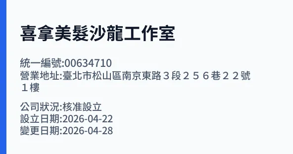 喜拿美髮沙龍工作室的照片-統編 00634710(臺北市) 公司登記資料與營業項目詳細圖表