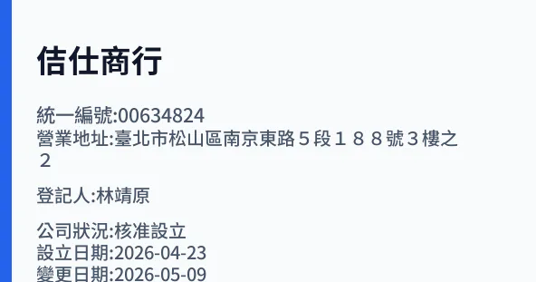 佶仕商行的照片-統編 00634824(臺北市) 公司登記資料與營業項目詳細圖表