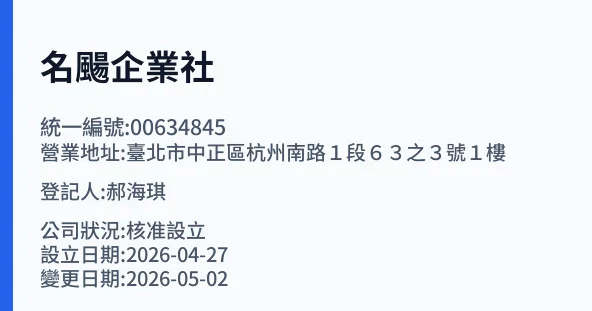 名颺企業社的照片-統編 00634845(臺北市) 公司登記資料與營業項目詳細圖表