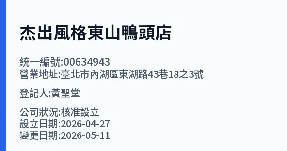 杰出風格東山鴨頭店的照片-統編 00634943(臺北市) 公司登記資料與營業項目詳細圖表