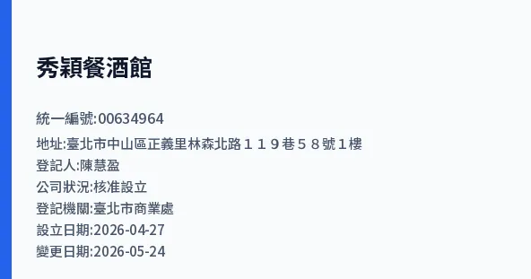 秀穎餐酒館的照片-統編 00634964(臺北市) 公司登記資料與營業項目詳細圖表