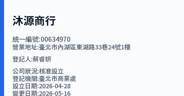 沐源商行的照片-統編 00634970(臺北市) 公司登記資料與營業項目詳細圖表