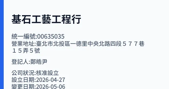 基石工藝工程行的照片-統編 00635035(臺北市) 公司登記資料與營業項目詳細圖表