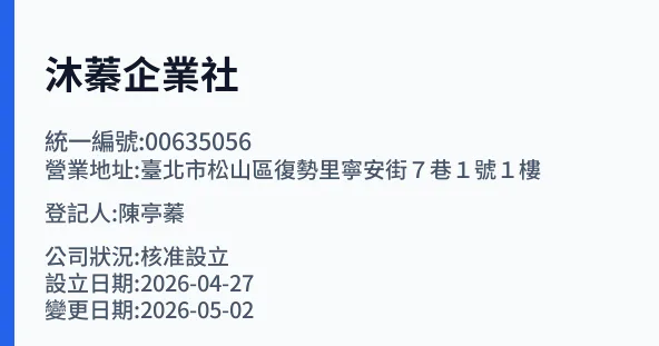 沐蓁企業社的照片-統編 00635056(臺北市) 公司登記資料與營業項目詳細圖表