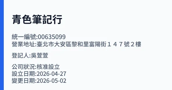青色筆記行的照片-統編 00635099(臺北市) 公司登記資料與營業項目詳細圖表