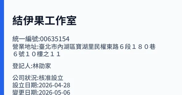 結伊果工作室的照片-統編 00635154(臺北市) 公司登記資料與營業項目詳細圖表