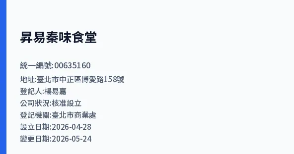 昇易秦味食堂的照片-統編 00635160(臺北市) 公司登記資料與營業項目詳細圖表