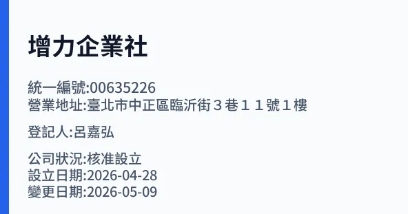 增力企業社的照片-統編 00635226(臺北市) 公司登記資料與營業項目詳細圖表