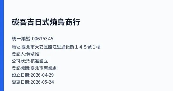 碳吾吉日式燒鳥商行的照片-統編 00635345(臺北市) 公司登記資料與營業項目詳細圖表