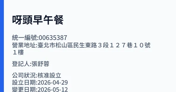 呀頭早午餐的照片-統編 00635387(臺北市) 公司登記資料與營業項目詳細圖表