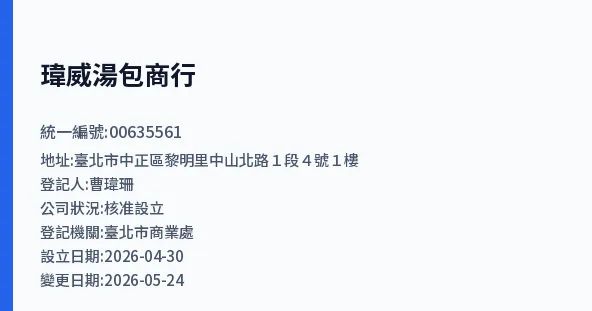 瑋威湯包商行的照片-統編 00635561(臺北市) 公司登記資料與營業項目詳細圖表